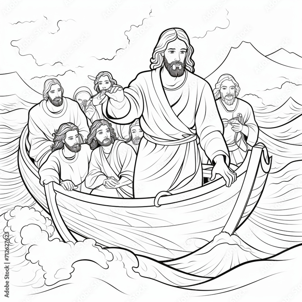 coloring pages - Jesus calming the storm while in the boat with his ...