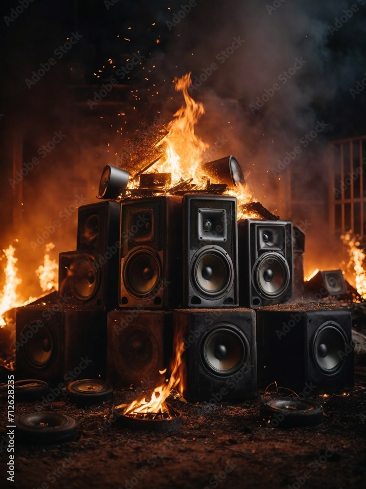 Vintage speakers stacked and piled on top of each other covered in dust ...
