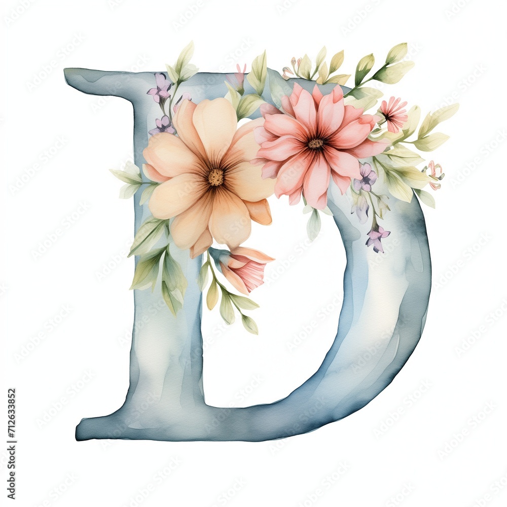 Letter D, alphabet letters with watercolor flowers and leaves. Floral ...