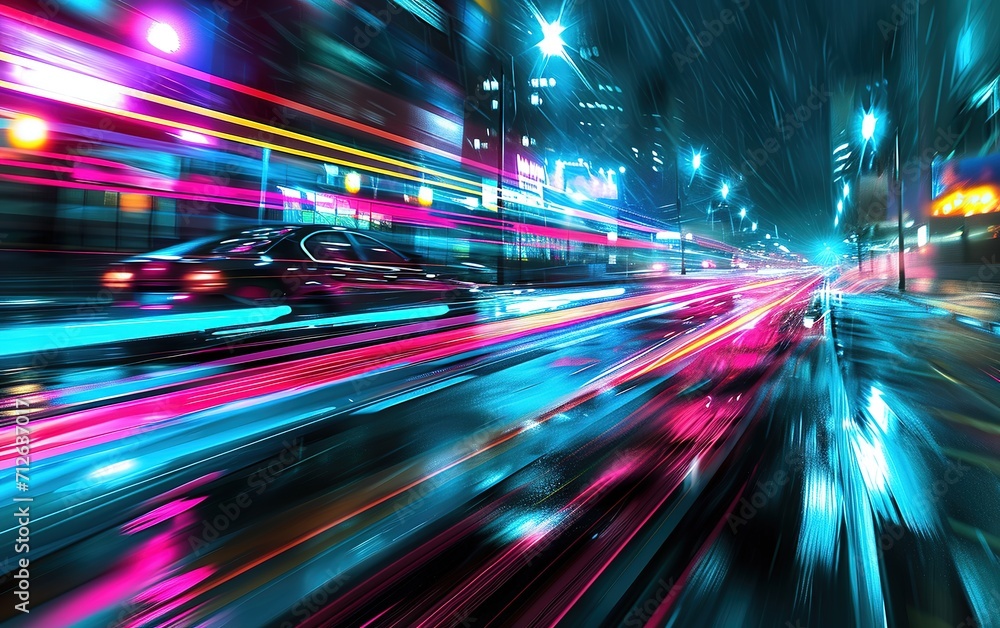 Car moving at high speed in night city, fast night drive in big city ...