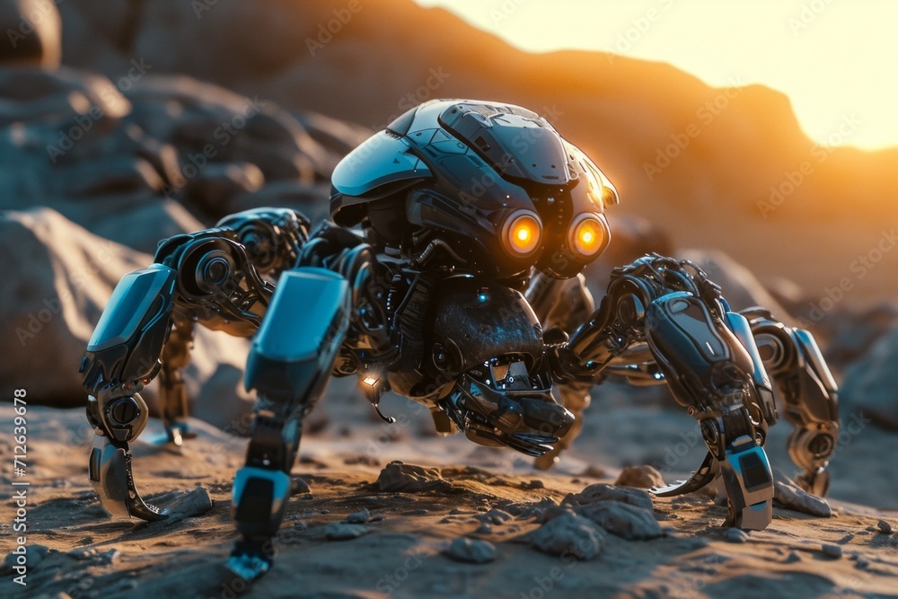 Robotic creatures with modular appendages exploring a metallic ...