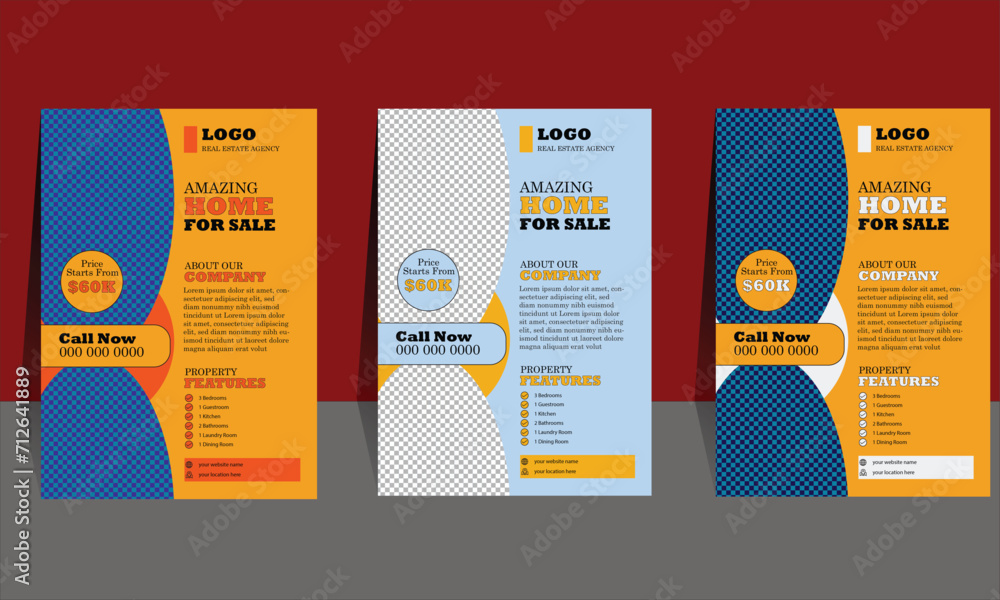 Real Estate Flyer Layout with yellow, orange and blue. Professional red ...