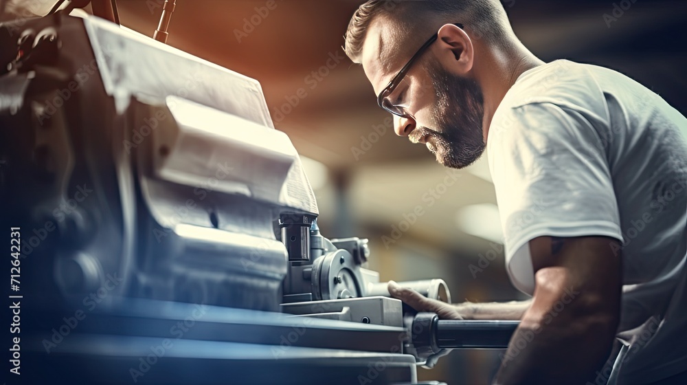 A milling machine operator works in a factory shop. Universal lathe ...
