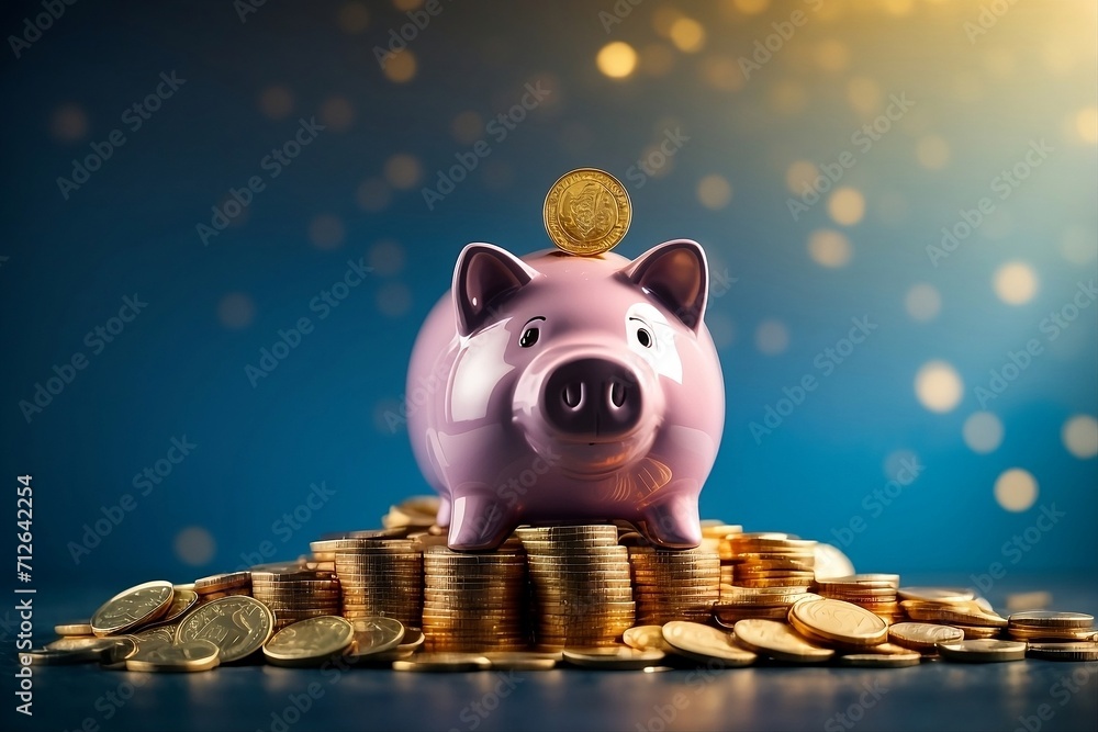 A cheerful, rosy piggy bank stands proudly next to a towering stack of ...