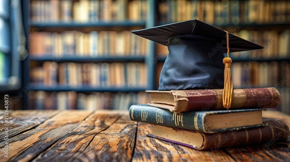 Graduation cap on old books, inside a university library. Stock ...