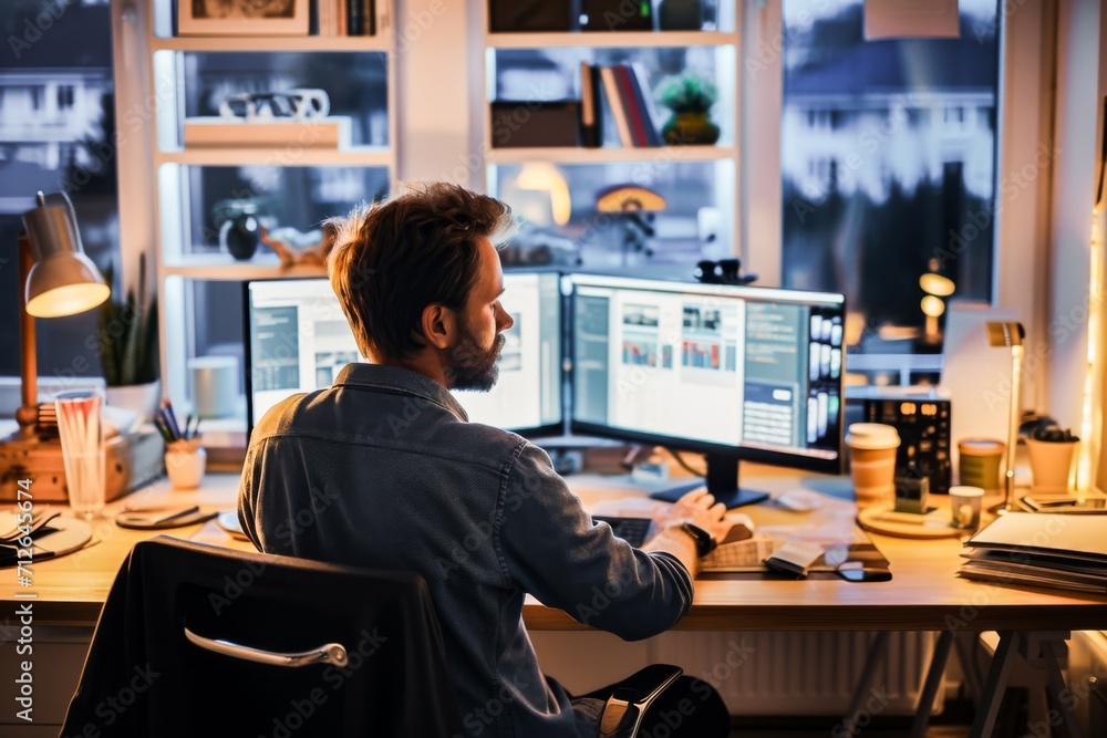 Man working on computer with dual monitors in a modern home office ...