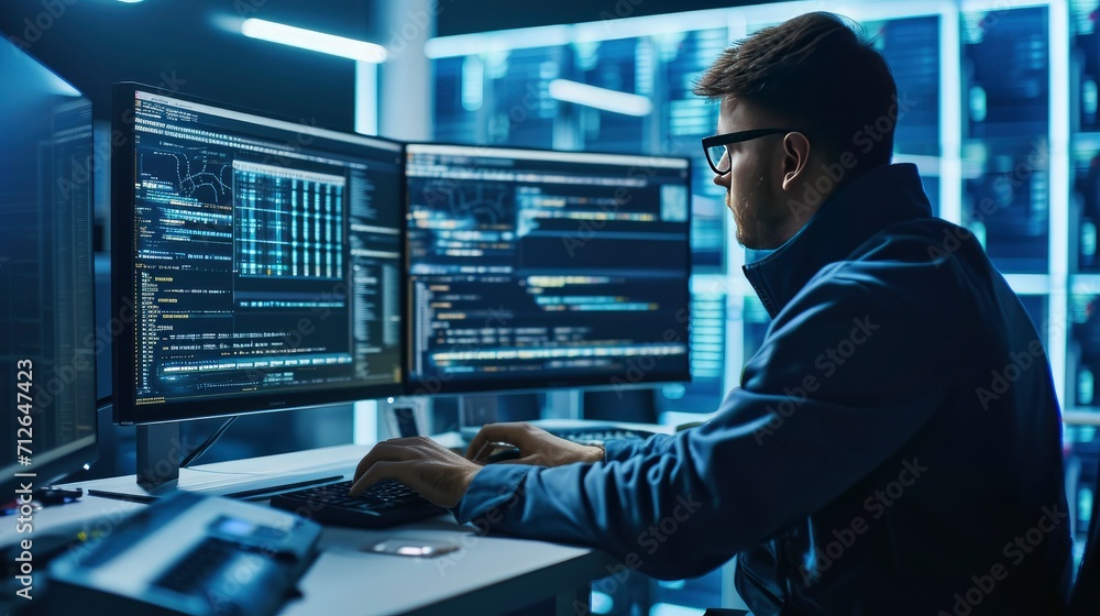Professional IT Programer Working in Data Center on Desktop Computer with Three Displays, Doing ...