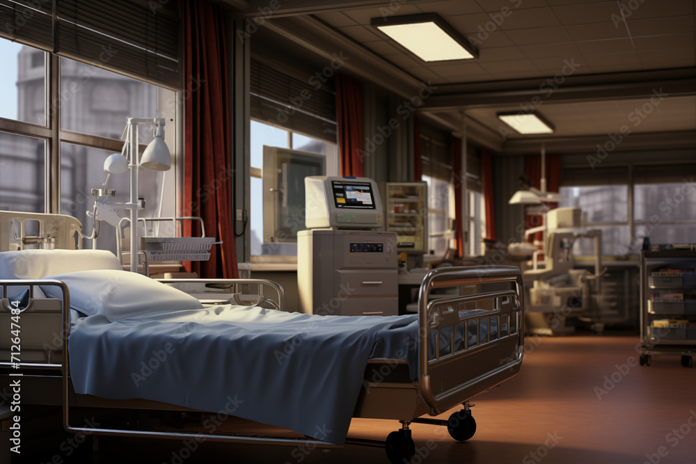 Hospital room with a patient bed. Medical world, event related to care ...