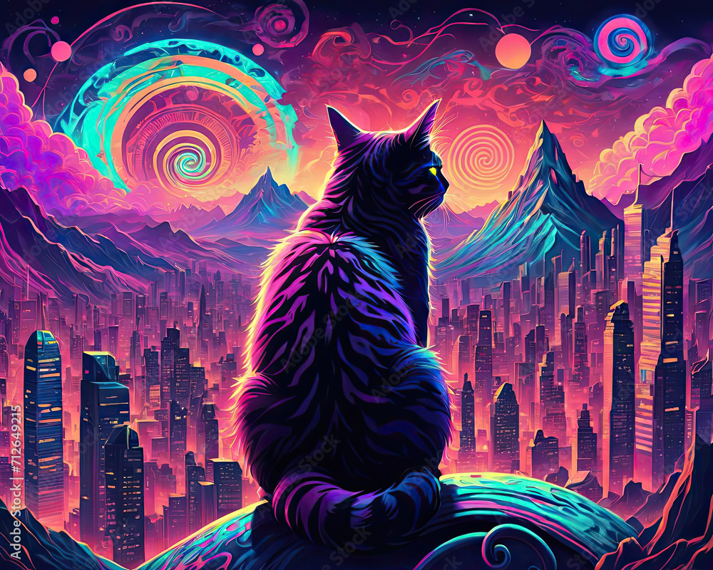 Psychedelic Dreams - Surreal 3D illustration of a cat, mountain, and ...