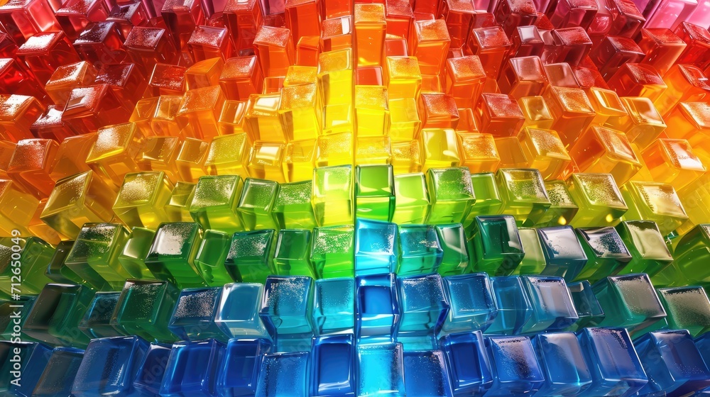 Pride flag formed by tens of colorful transparent glass or plastic ...
