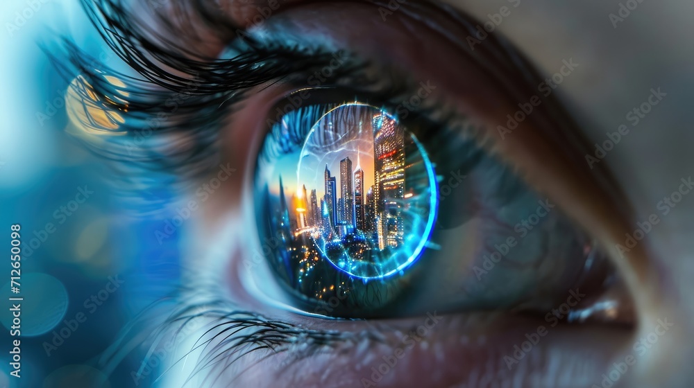 Closeup of human eye with future augmented reality contact lenses ...