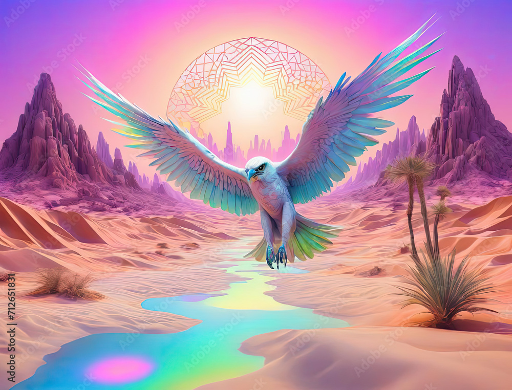 Psychedelic Desert Oasis - Close-up bird of prey, angel, and alien in a ...