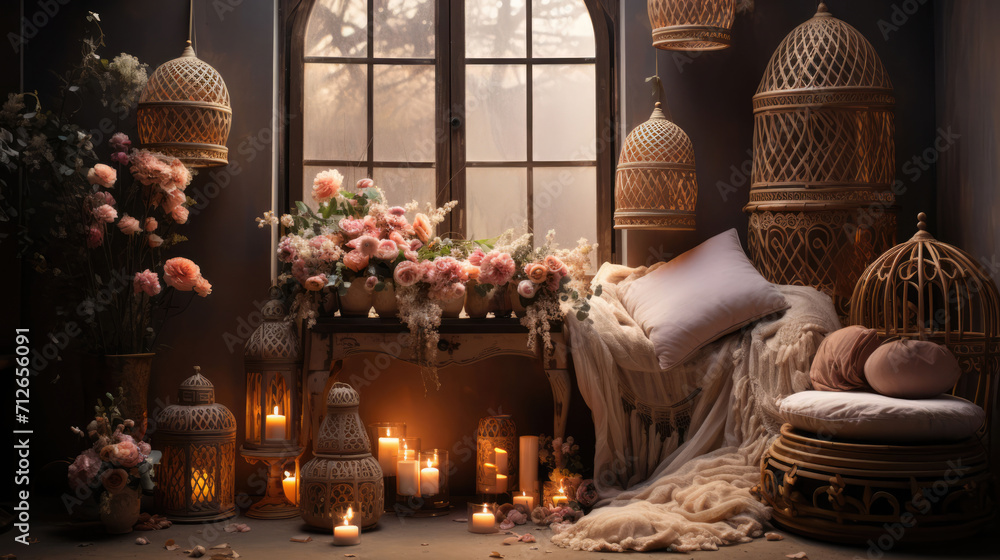 Serene indoor scene featuring a window with elegant curtains, creating ...