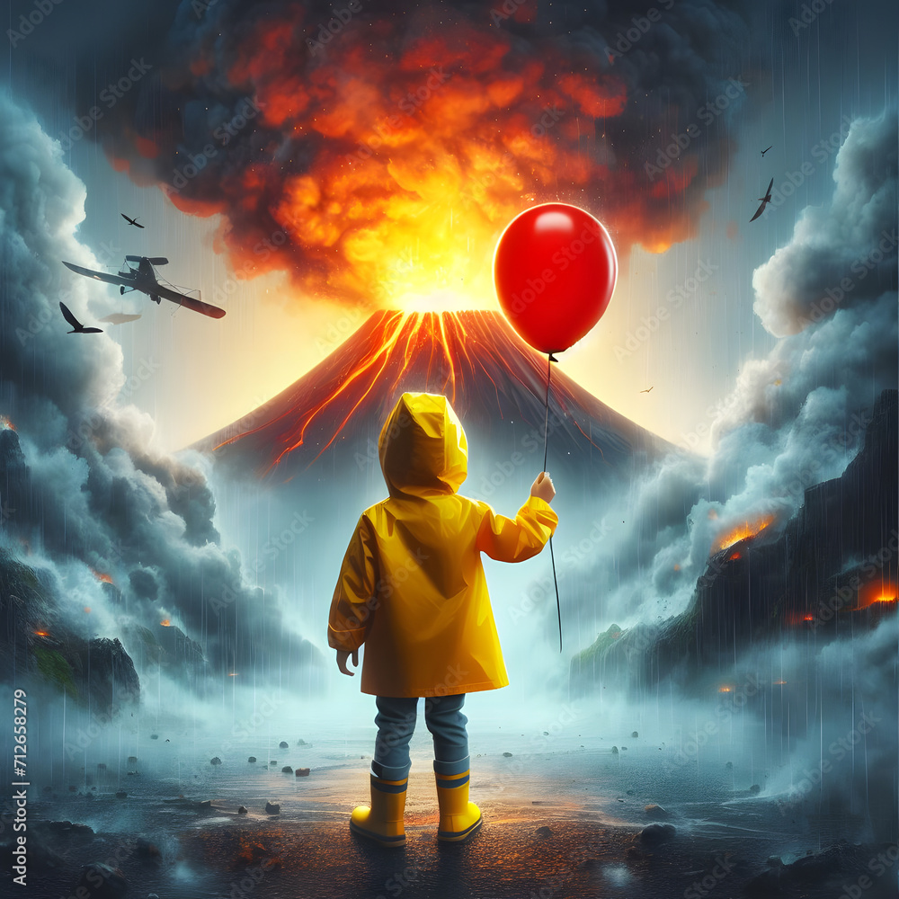 A Boy wearing a yellow rain coat holding a red balloon, standing in ...