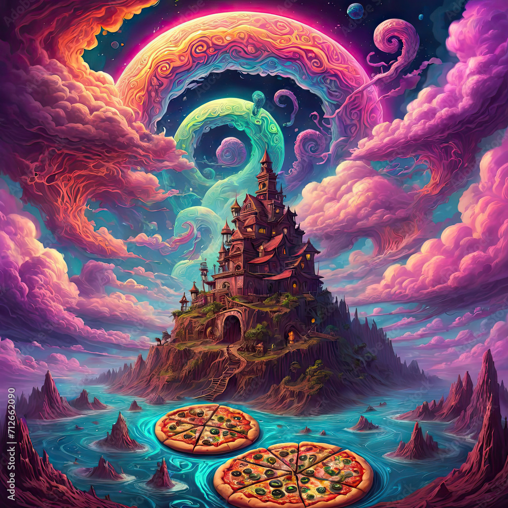 Surreal Trip: Monk, Pizza, and Spirals in a Psychedelic Landscape Gen ...
