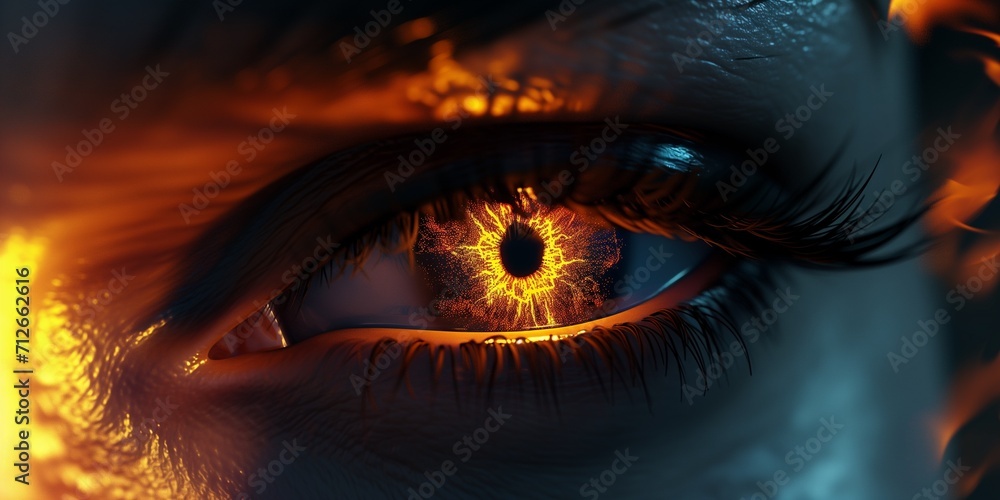 Woman's red eye in the dark. Piercing eyes Orange Fire. Burning demonic ...