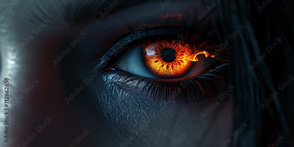 Woman's red eye in the dark. Piercing eyes Orange Fire. Burning demonic ...
