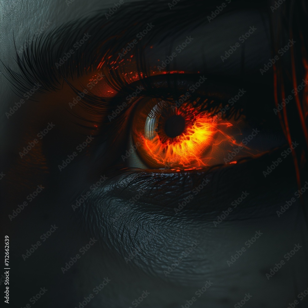 Woman's red eye in the dark. Piercing eyes Orange Fire. Burning demonic ...