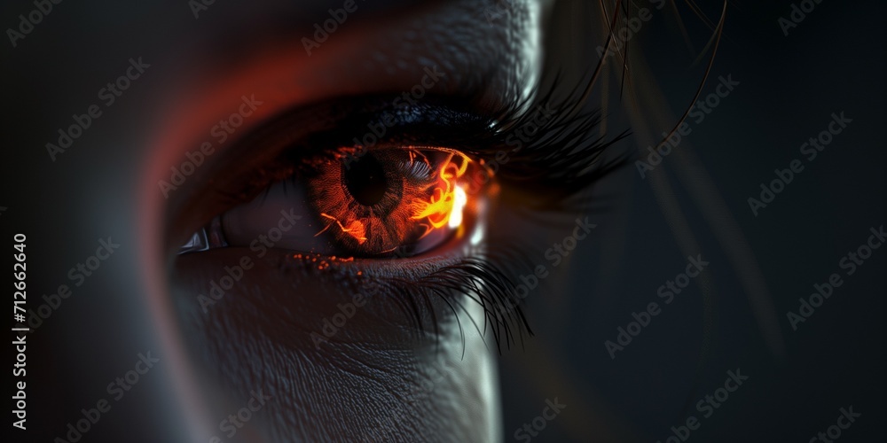 Woman's red eye in the dark. Piercing eyes Orange Fire. Burning demonic ...