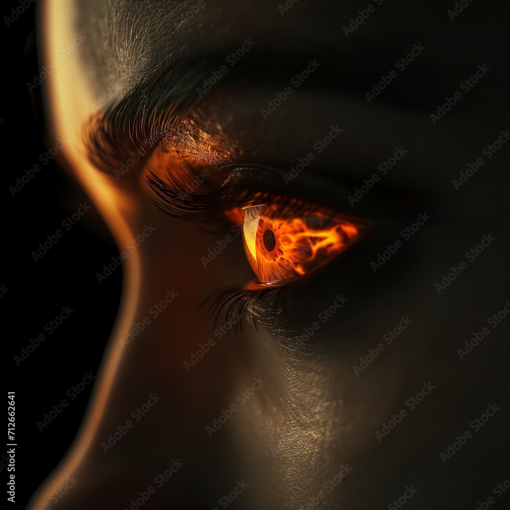 Woman's red eye in the dark. Piercing eyes Orange Fire. Burning demonic ...
