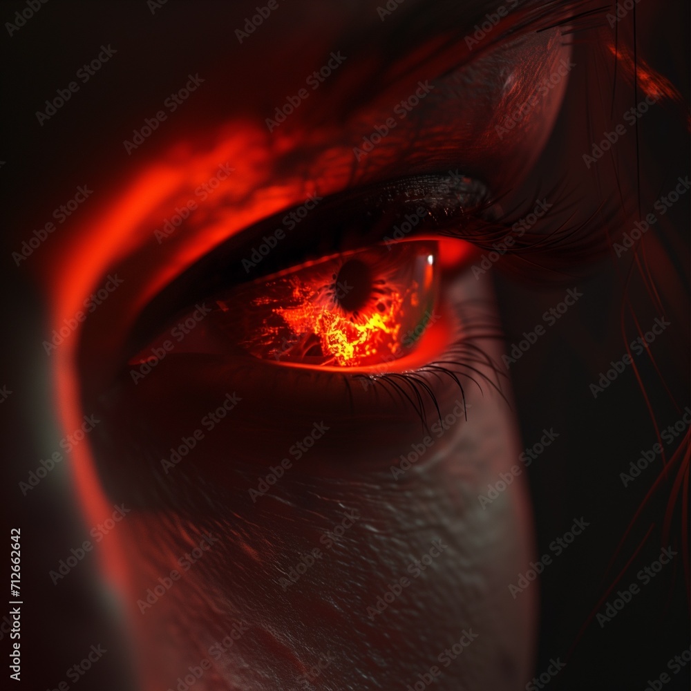 Woman's red eye in the dark. Piercing eyes Orange Fire. Burning demonic ...