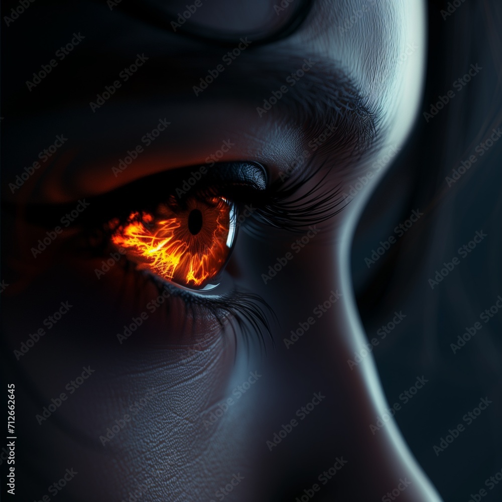 Woman's red eye in the dark. Piercing eyes Orange Fire. Burning demonic ...
