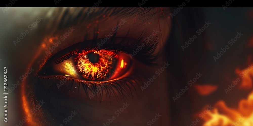 Woman's red eye in the dark. Piercing eyes Orange Fire. Burning demonic ...