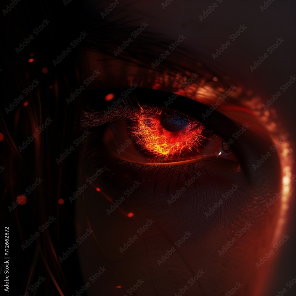 Woman's red eye in the dark. Piercing eyes Orange Fire. Burning demonic ...