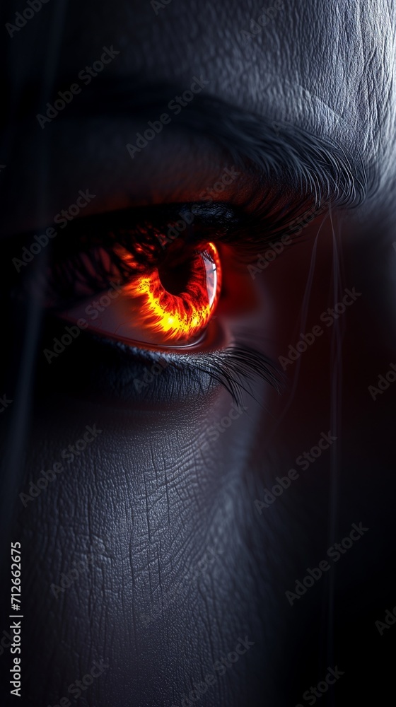 Woman's red eye in the dark. Piercing eyes Orange Fire. Burning demonic ...