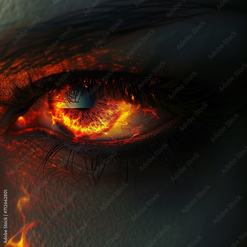 Woman's red eye in the dark. Piercing eyes Orange Fire. Burning demonic ...