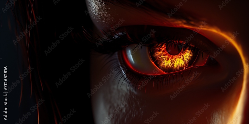 Woman's red eye in the dark. Piercing eyes Orange Fire. Burning demonic ...