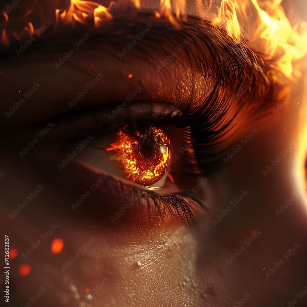 Woman's red eye in the dark. Piercing eyes Orange Fire. Burning demonic ...