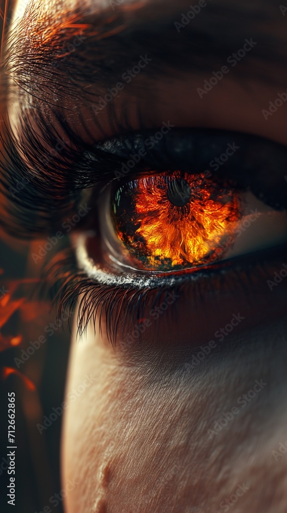 Woman's red eye in the dark. Piercing eyes Orange Fire. Burning demonic ...