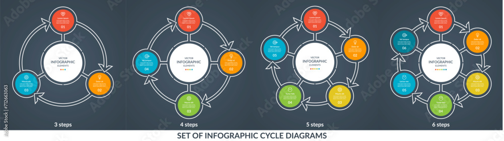 Set of simple infographic cycle diagrams with 3, 4, 5, 6 steps. Vector ...