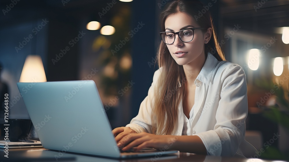An agile businesswoman working in an office uses a laptop as part of ...