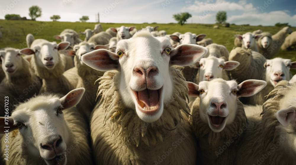 sheep within a mob flock turn to check out the photographer laughing ...