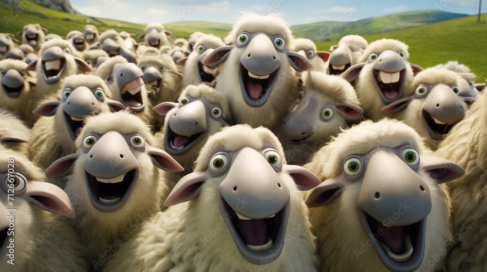 sheep within a mob flock turn to check out the photographer laughing ...