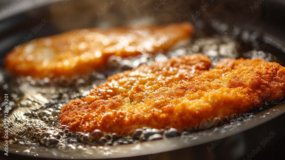 Process of frying delicious authentic breaded Wiener schnitzel in hot ...