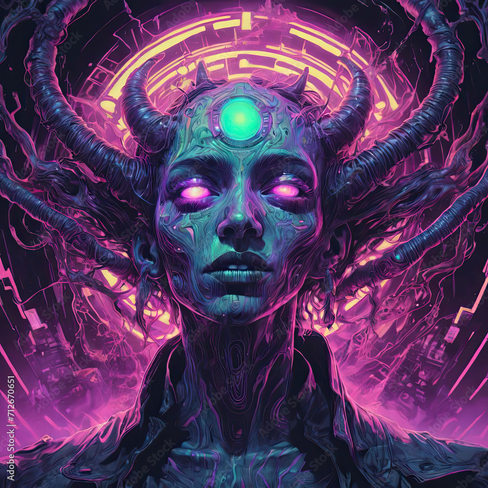 Psychedelic Trip - Close-up illustration of a dancing face in a mind ...