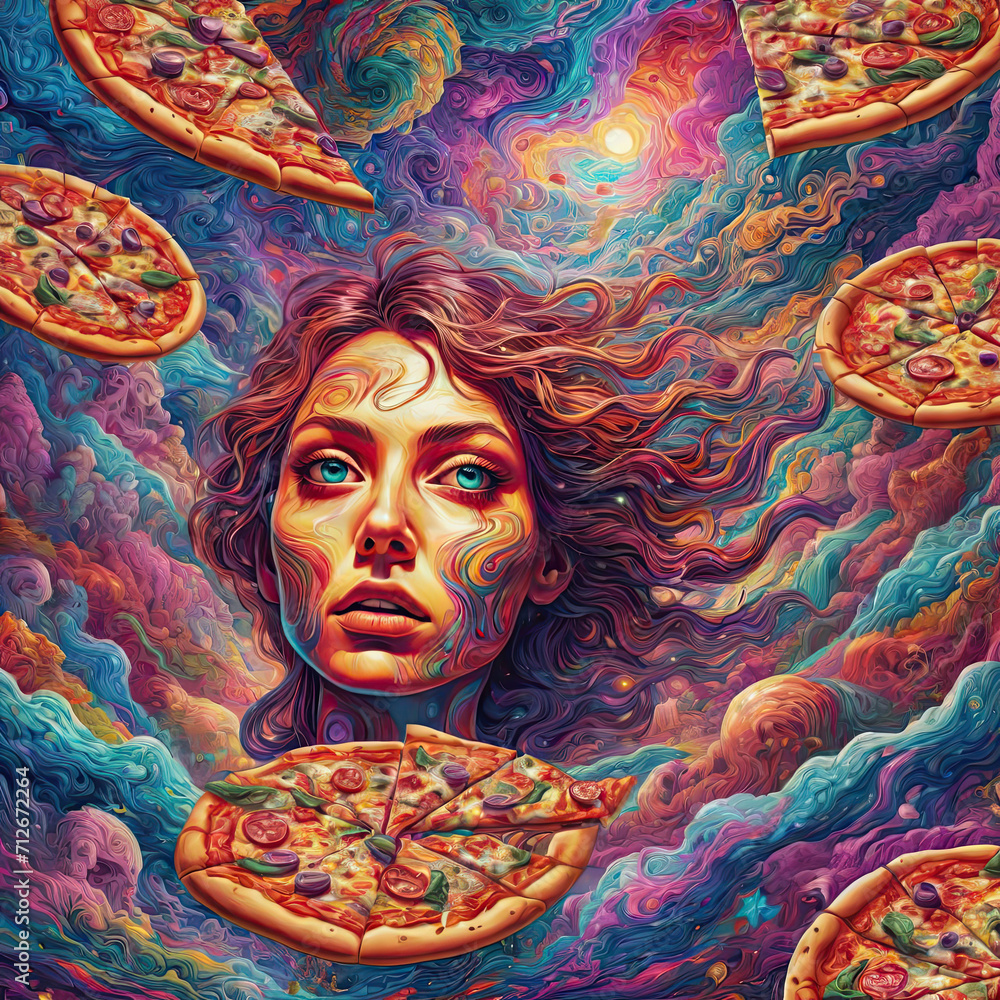 Psychedelic Trip - Abstract illustration of close-up pizza, alien, and ...
