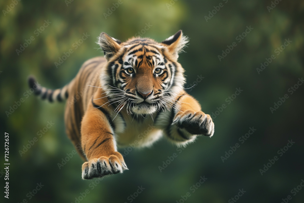 Bengal Tiger Jumping. Tiger in a jump with an open mouth and sharp ...