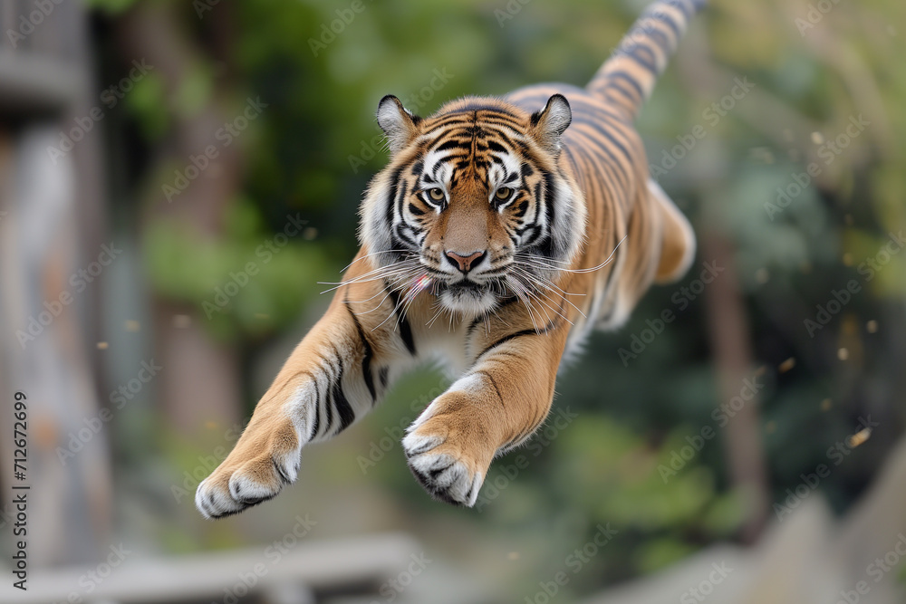 Bengal Tiger Jumping. Tiger in a jump with an open mouth and sharp ...