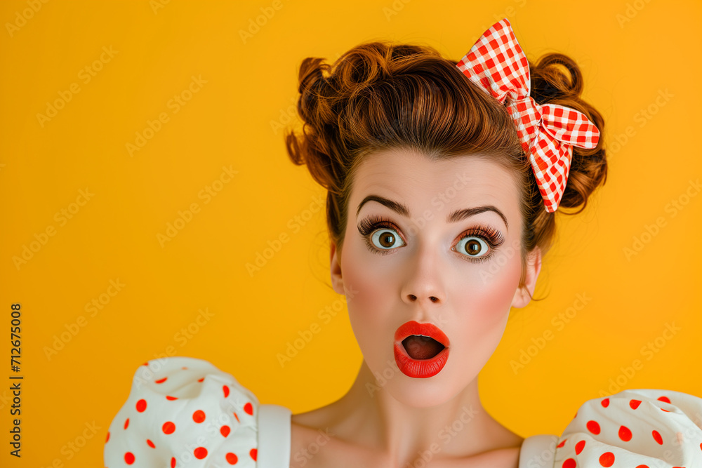 Woman with red lips surprise.Beautiful girl with curly hair surprised ...