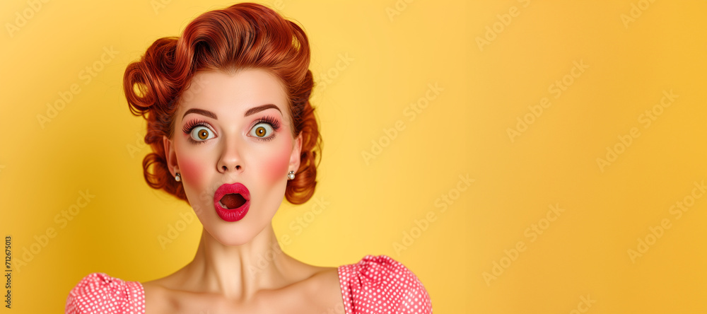 Woman with red lips surprise.Beautiful girl with curly hair surprised ...