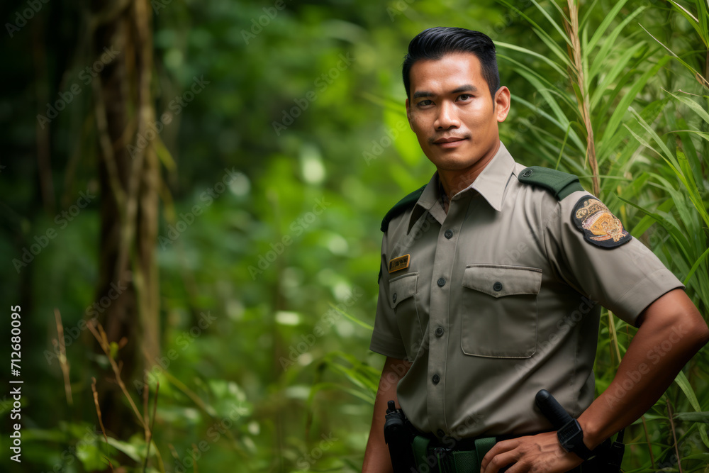 A dedicated Conservation Officer, standing tall amidst the lush ...