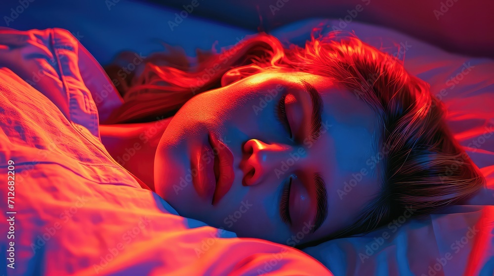 A moment of calm: a young girl sleeping amid the soft glow of red and ...
