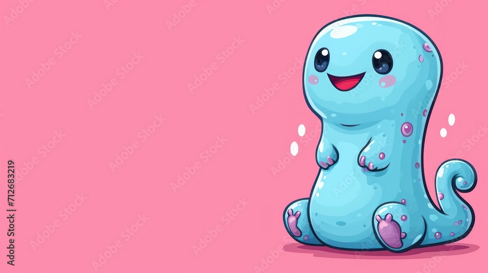 a blue cartoon character sitting on a pink background with a smile on ...