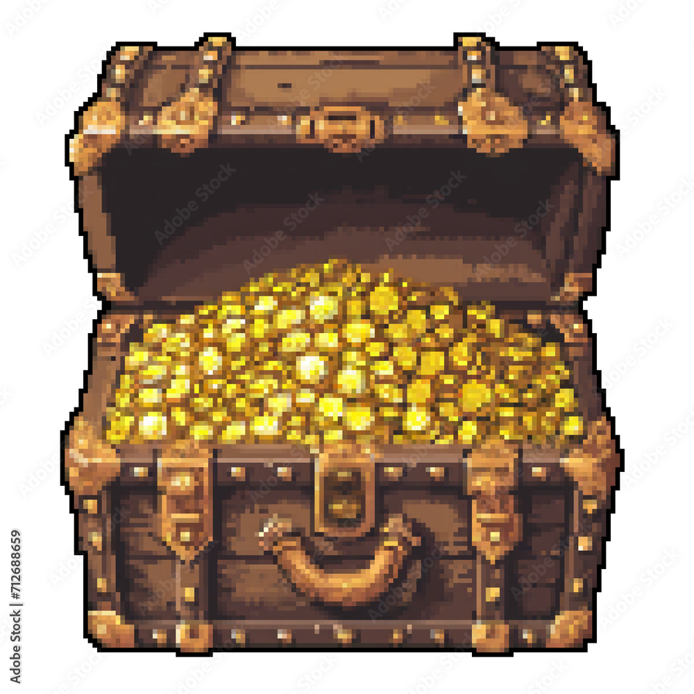 Pixel art chest with gold for pixel art games (2D,low detailed,8-bit ...