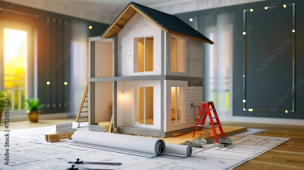 In an architect workshop, a detailed house replica, blending digital ...