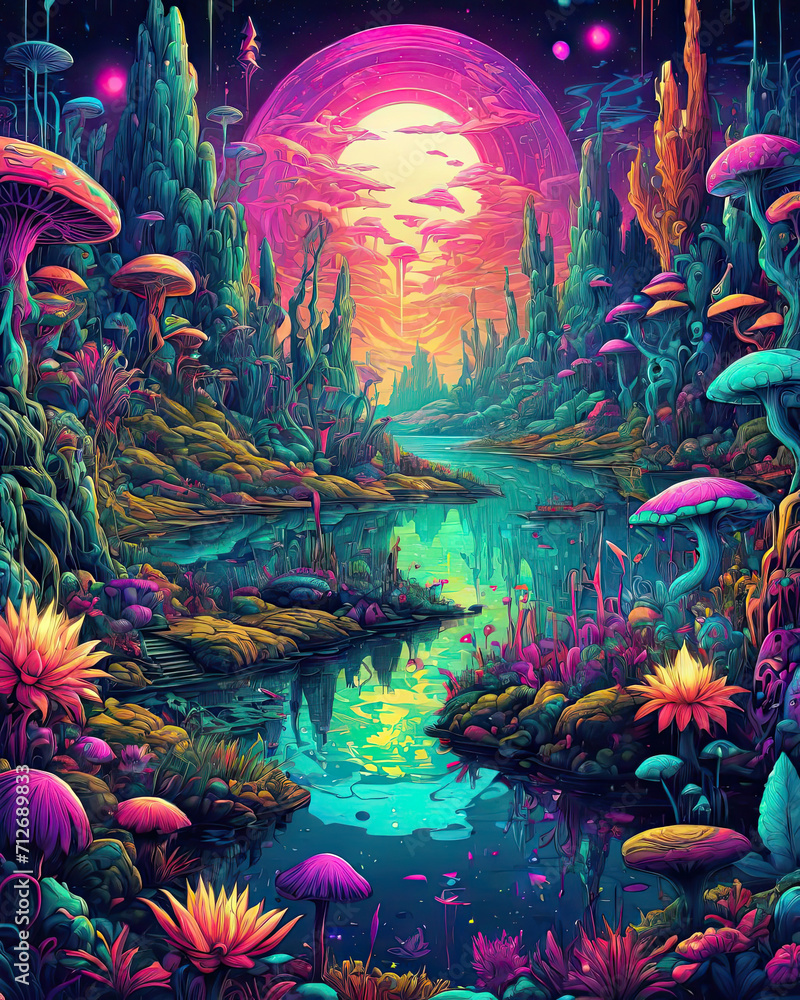 Surreal Psychedelic Trip - Close-up illustration of a lake, music, and ...